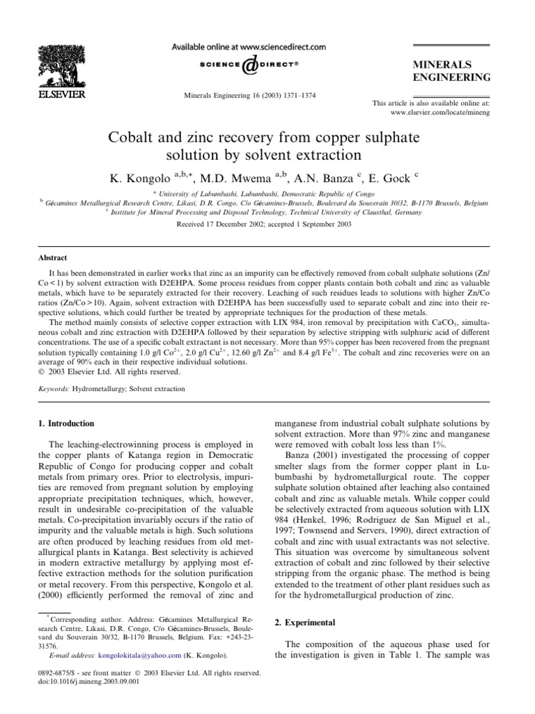 Cobalt and Zinc Recovery via Solvent Extraction | PDF | Zinc | Iron