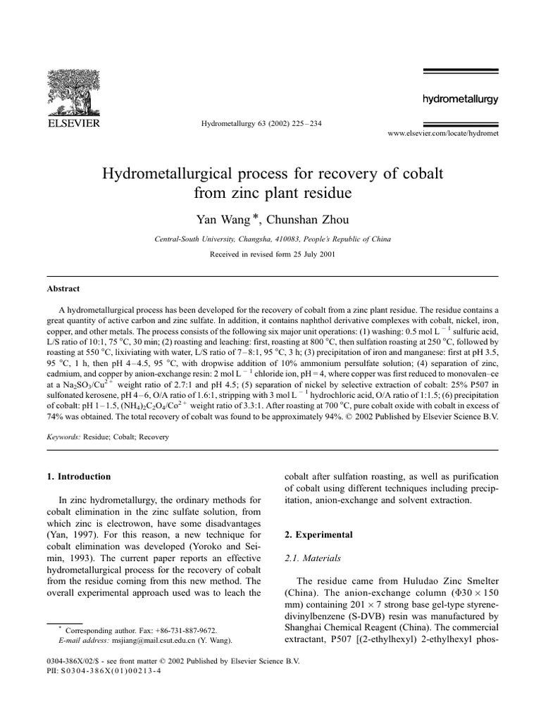 Hydromet Proc For Recovery of Cobalt Frrom Zn... (Ok) | PDF | Iron | Acid