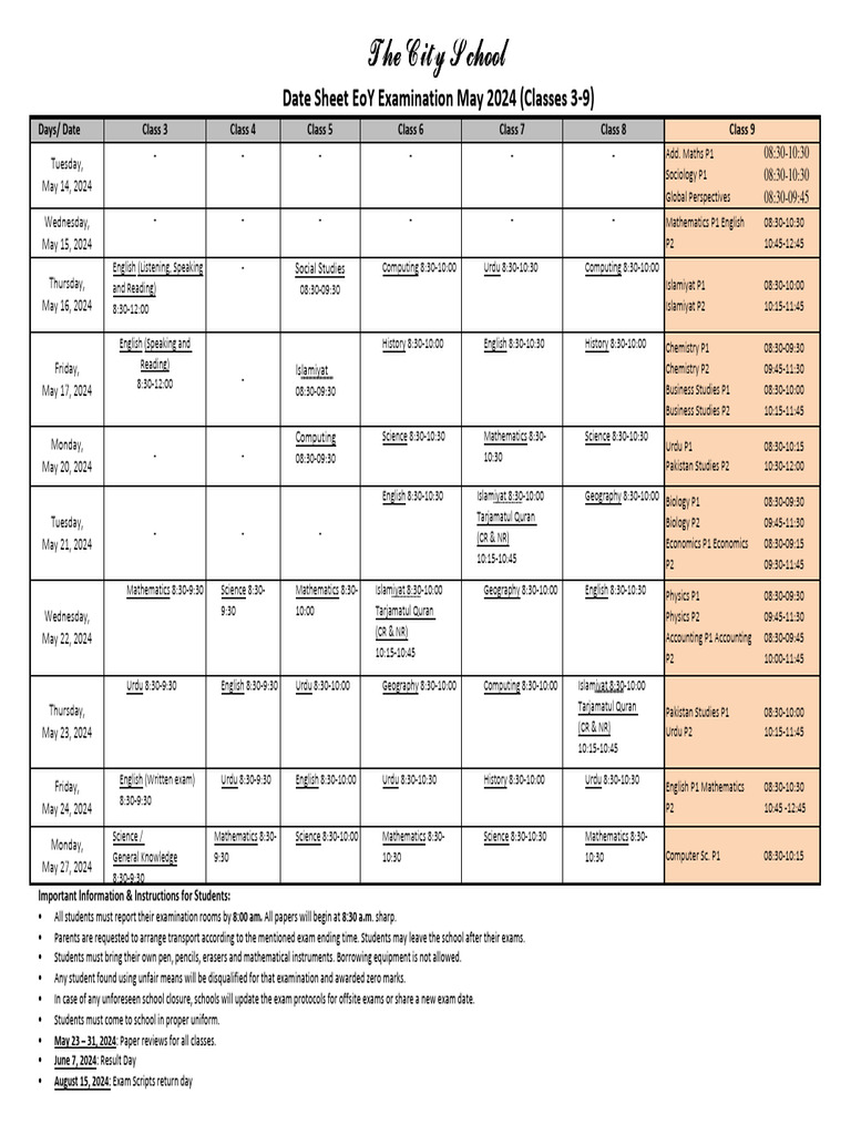 EoY 2023-24 (Class 3-9) Date Sheet.w-Ad | PDF | Science