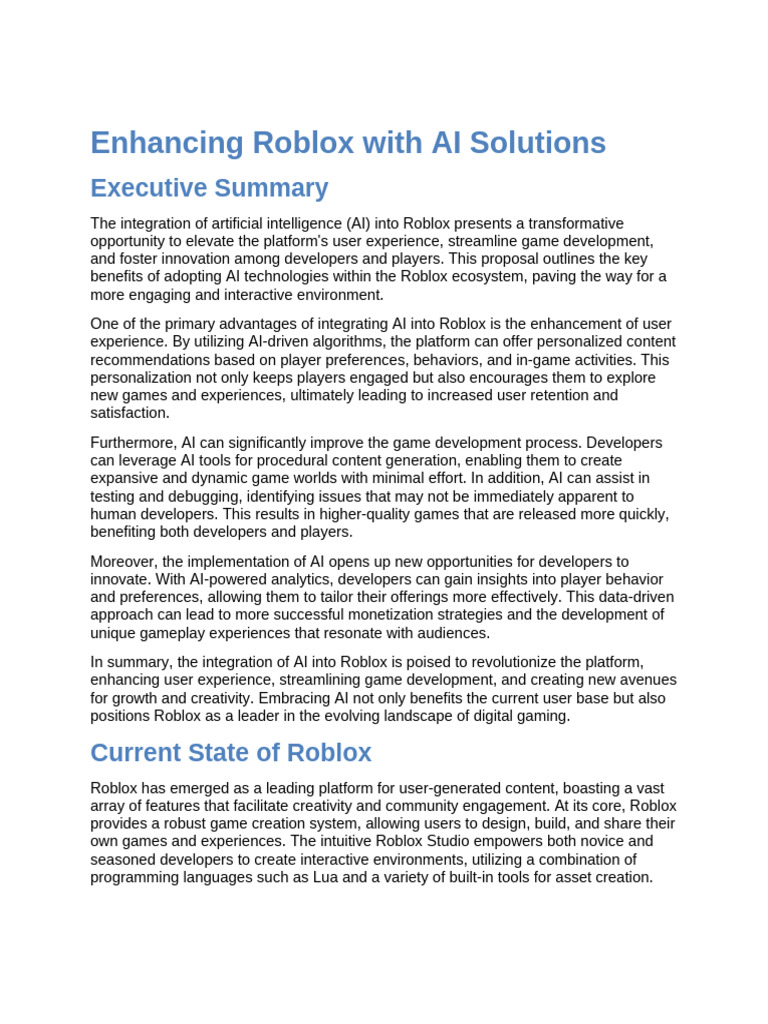 AI Solutions for Enhanced Roblox Experience | PDF | Artificial ...