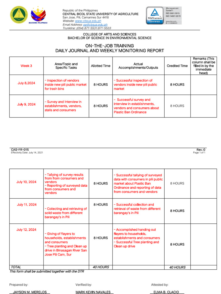 Ojt 2024 Weekly Monitoring Report (Week3) | PDF