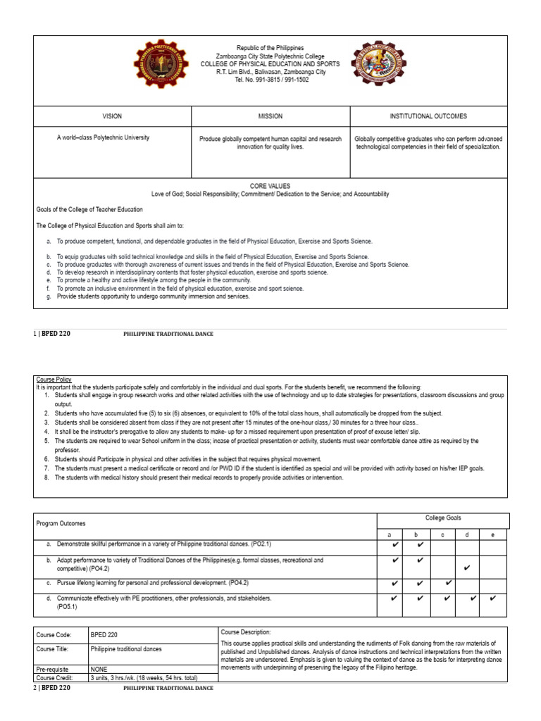 Wee BPED 220 Trad Dance Syllabus | PDF | Physical Education | Learning