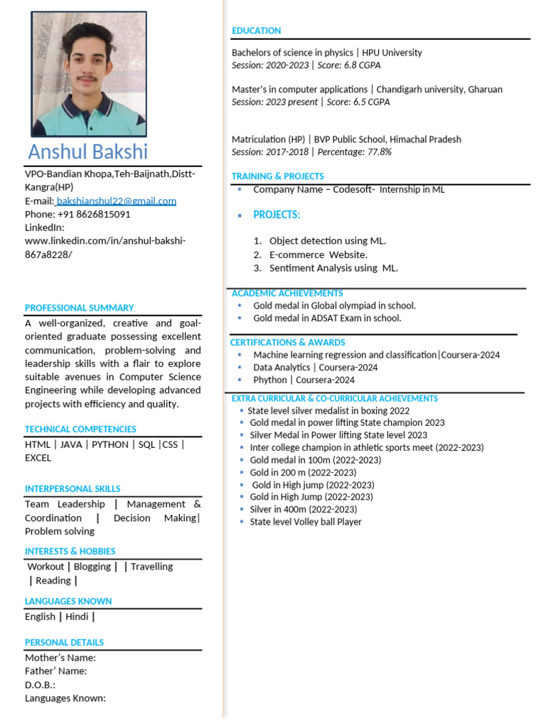 23MCI1013 - Anshul Bakshi Resume - Template | PDF | Computing