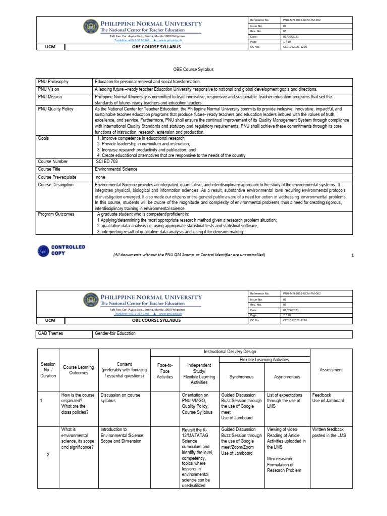 OBE Course Syllabus Sci Ed 703 Term 2 SY 2024-2025_RAAvilla | PDF | Science | Environmental Science