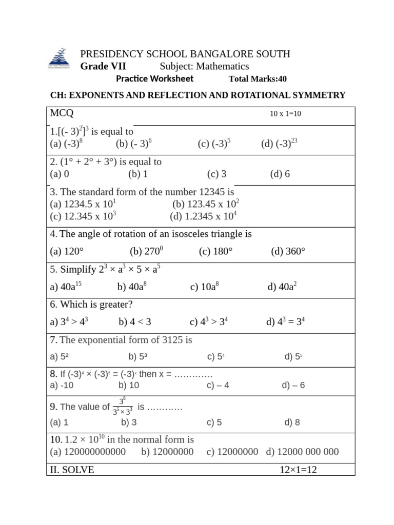 GR Vii Worksheet Exponents Ans Symmetry | PDF | Euclidean Geometry ...