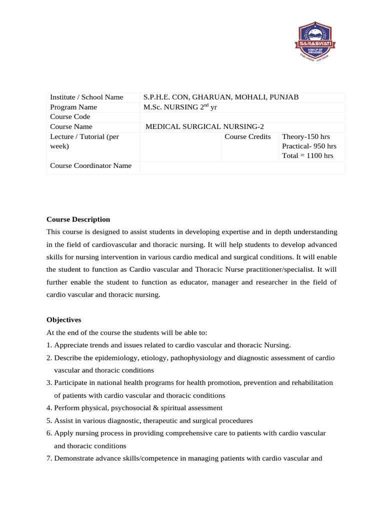 Course Plan Medical Surgical Nursing 2 -CARDIOVASCULAR SYSTEM | PDF | Cardiology | Heart