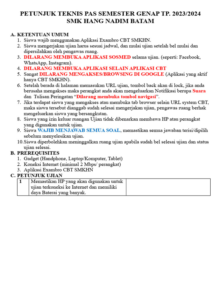 PETUNJUK TEKNIS PAS SEMESTER GENAP TP 2023-2024 | PDF