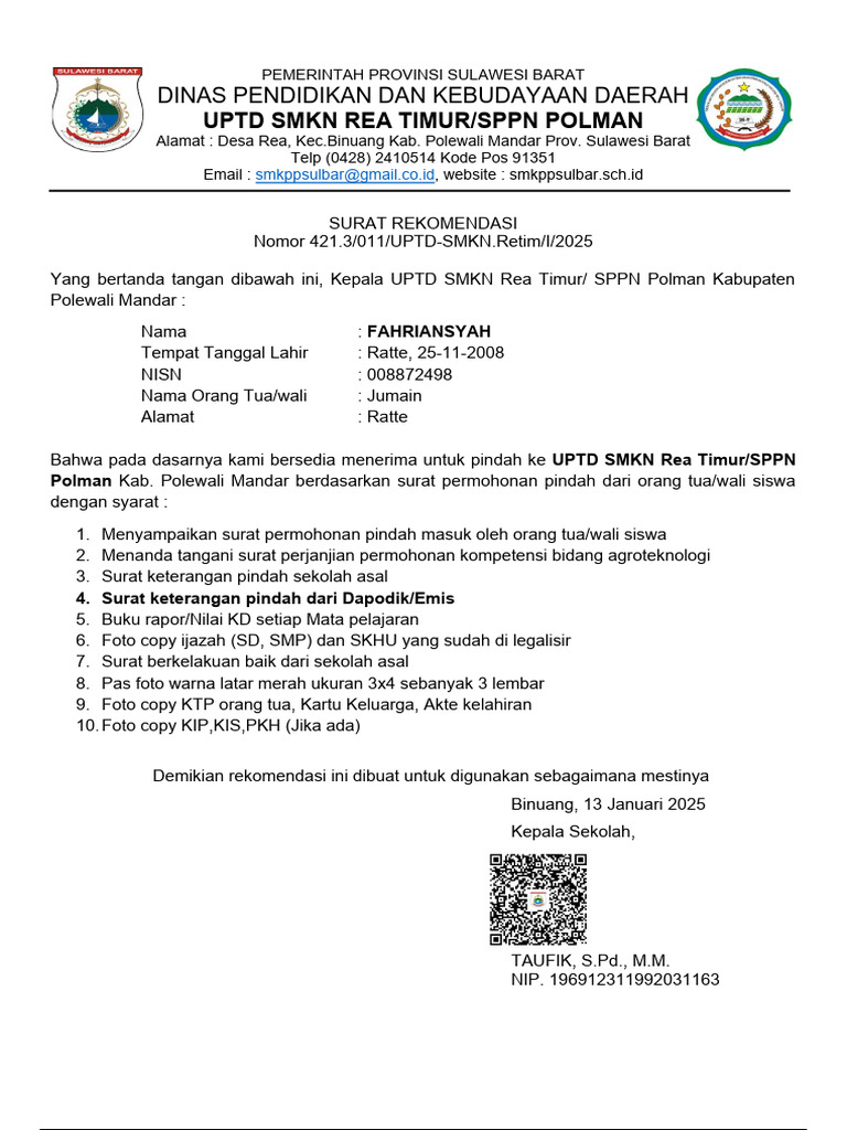 Surat Rekomendasi - FAHRIANSYAH | PDF