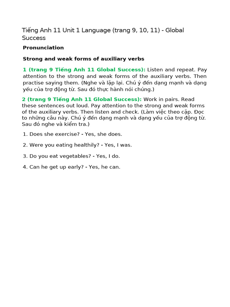 Tiếng Anh 11 Unit 1 Language (trang 9, 10, 11) - Global Success | PDF