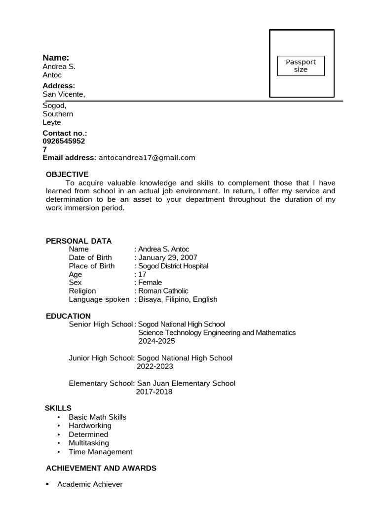 Work Immersion Resume Sample | PDF