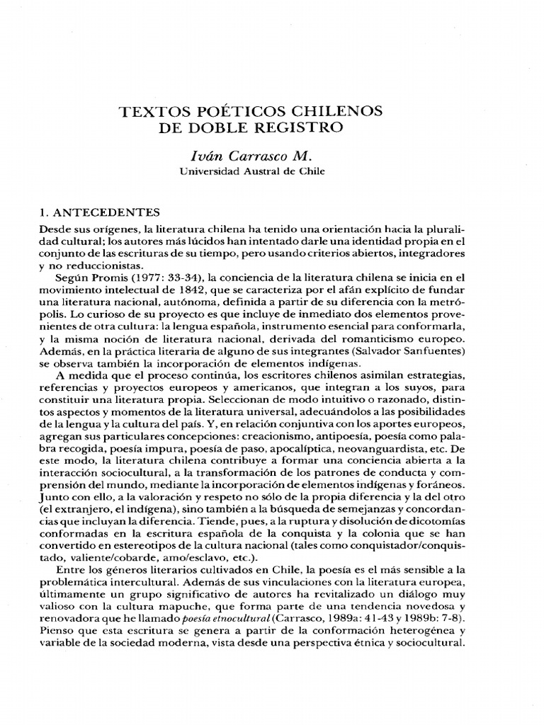 ¨TEXTOS POÉTICOS CHILENOS DE DOBLE REGISTRO¨Iván Carrasco M. Universidad Austral de Chile | PDF ...