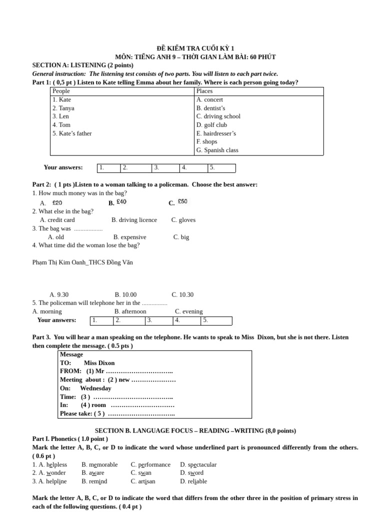 ANH 9 - CKI - ĐỀ KIỂM TRA - THCS ĐỒNG VĂN | PDF | Linguistics