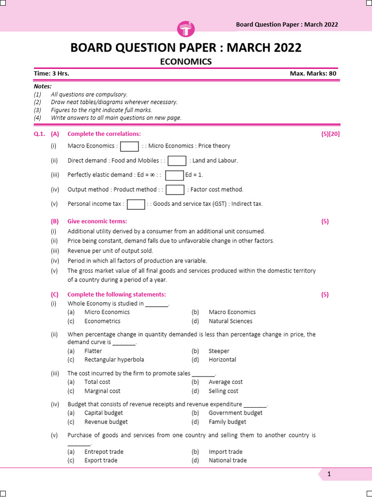 Economics Board Question Paper 2022 | PDF | Demand | Economics