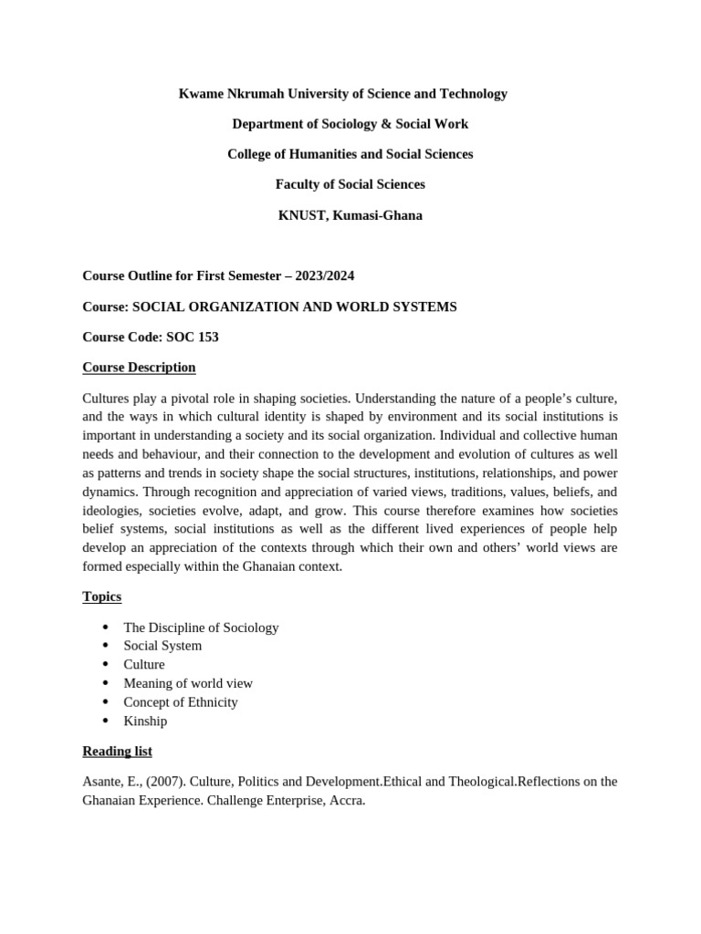 Course Outline Soc 153 | PDF | Ghana | Social Sciences