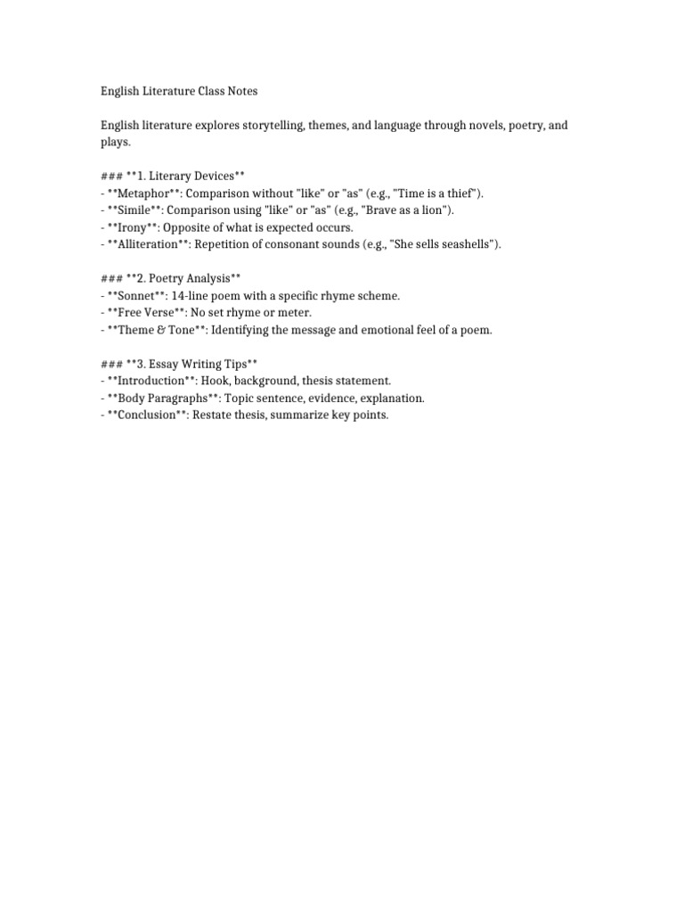 English Literature Notes Overview | PDF