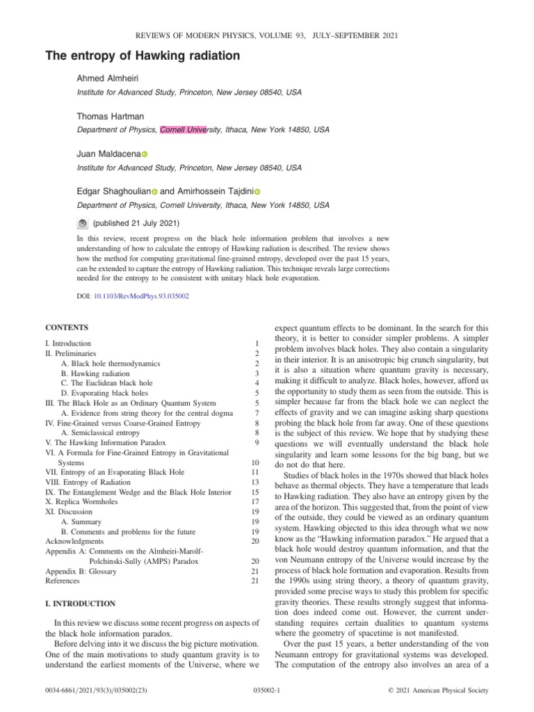 Entropy of Hawking Radiation | PDF | Black Hole | Hawking Radiation