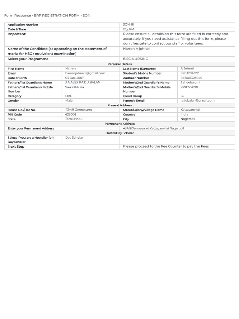 ERP Registration Form for B.Sc Nursing | PDF