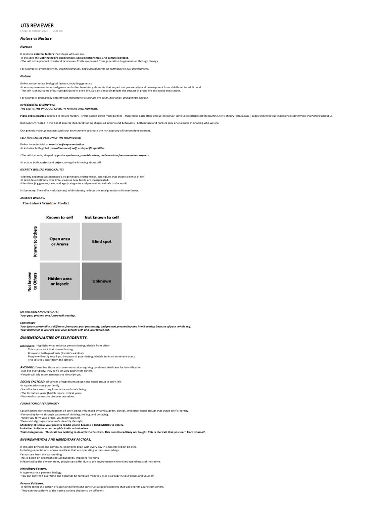 UTS REVIEWER | PDF | Heredity | Nature Versus Nurture