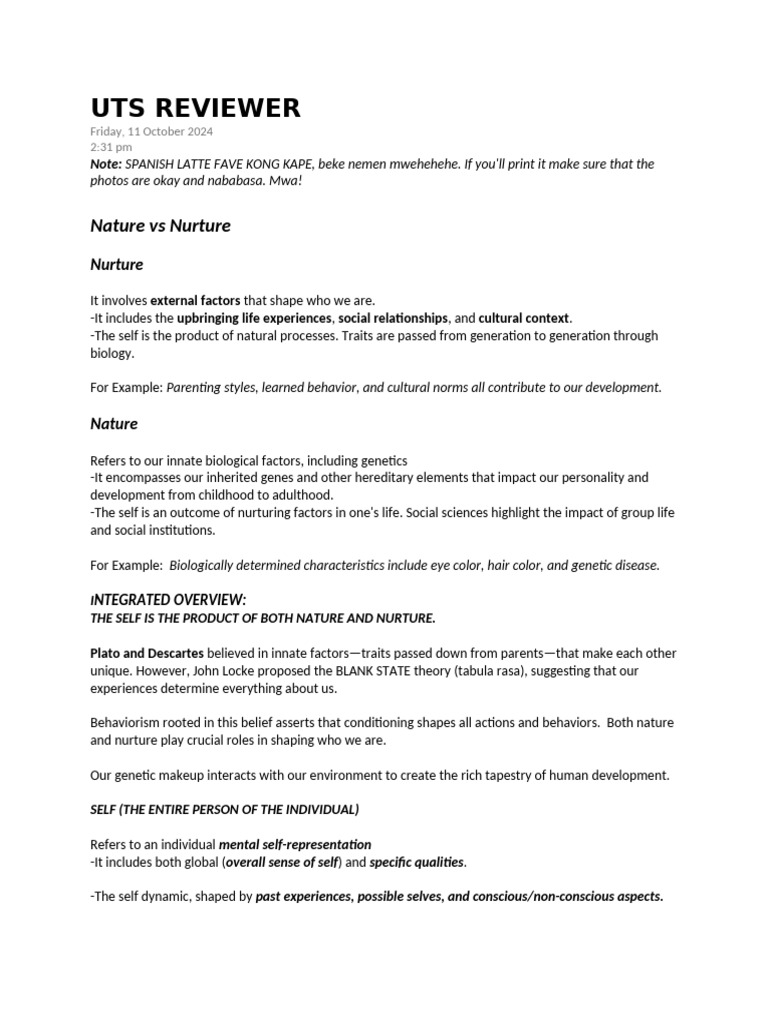 UTS REVIEWER_DOCS mas malinaw | PDF | Heredity | Genotype