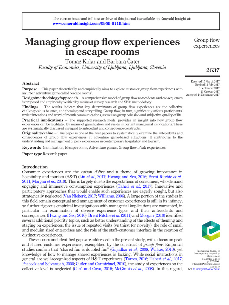 Managing Group Flow Experiences in Escape Rooms | PDF