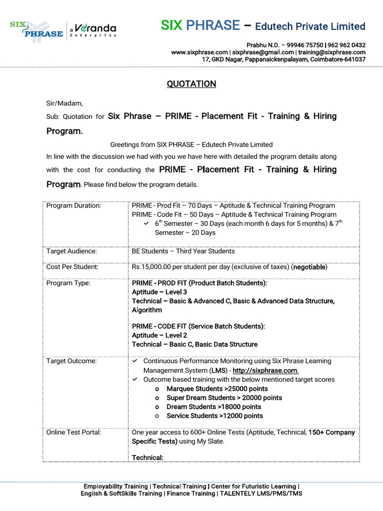 Six Phrase Training Program Details | PDF | Matrix (Mathematics ...