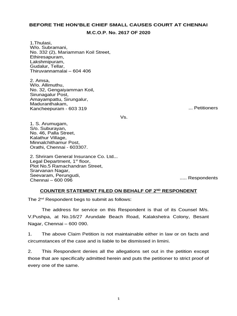 Counter in MCOP. NO.2617 of 2020 | PDF | Negligence | Common Law