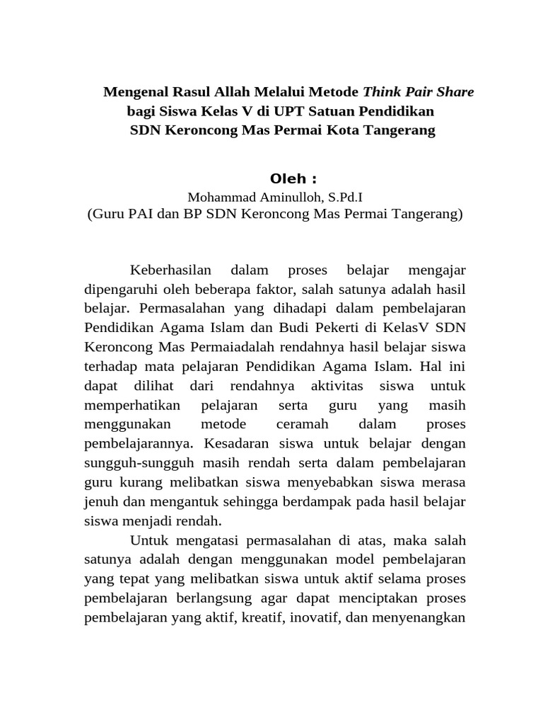 Penerapan Think Pair Share di SDN Keroncong | PDF