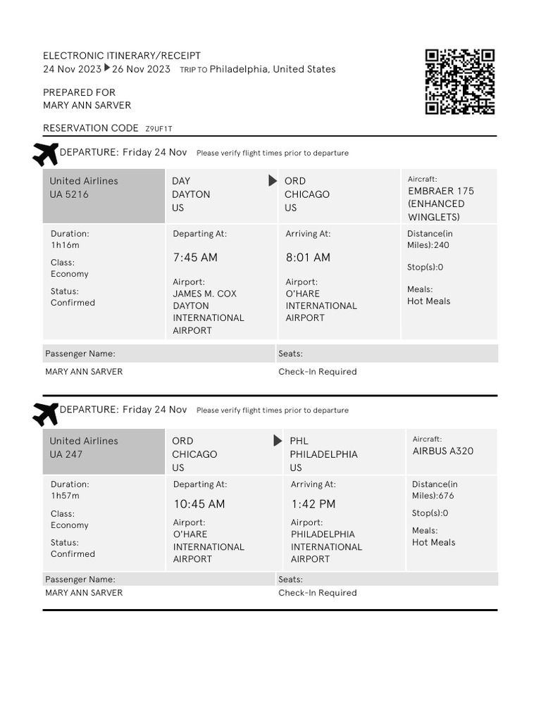 Flight Booking November 24-27 for MARY ANN SARVER 2 | PDF | United ...