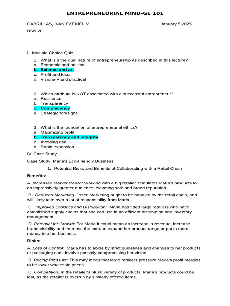 Entrepreneurial Mindset and Ethics 101 | PDF | Entrepreneurship ...