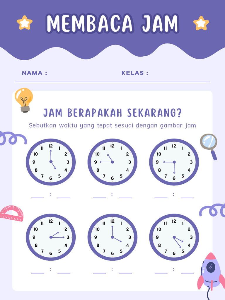 Lembar Kerja Membaca Jam Analog Putih Biru Ilustratif | PDF