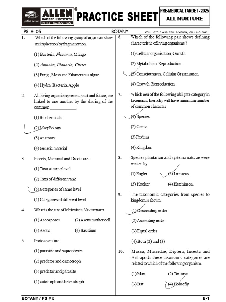 Botany Practice Sheet: Cell Cycle & Division | PDF | Cell (Biology ...