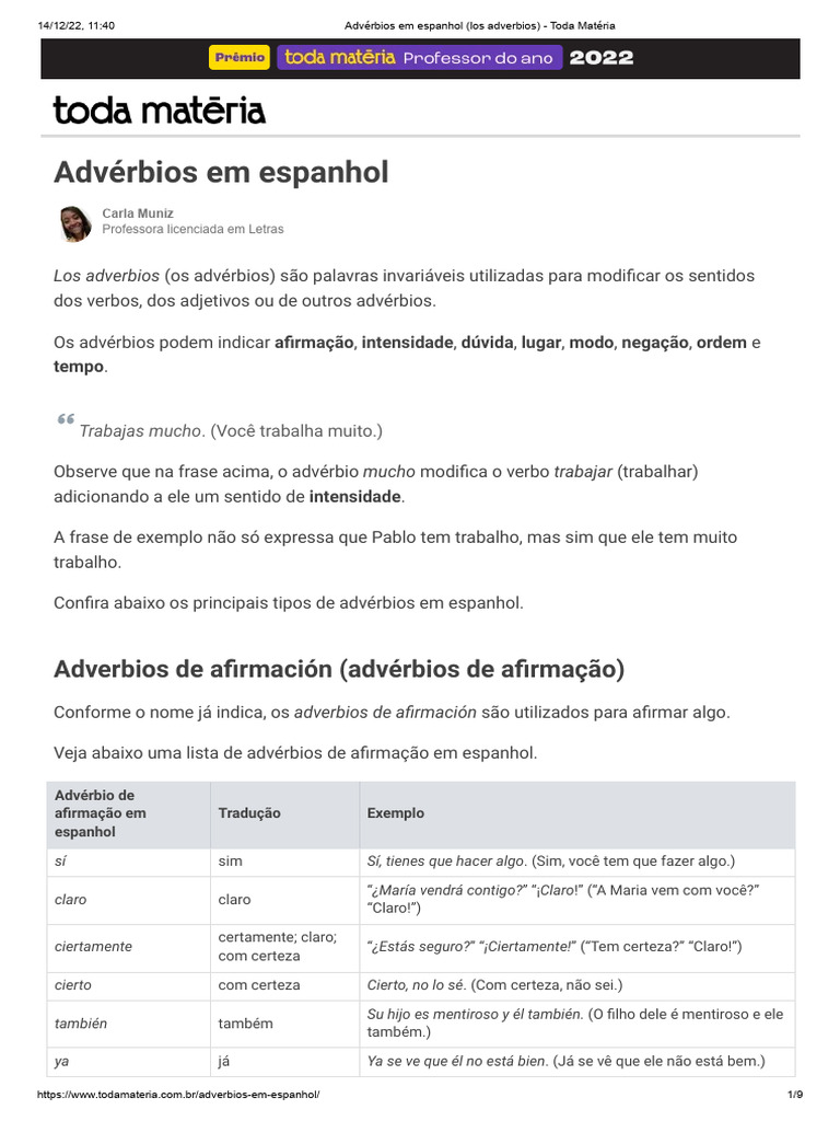 Advérbios em Espanhol (Los Adverbios) - Toda Matéria | PDF | Advérbio ...