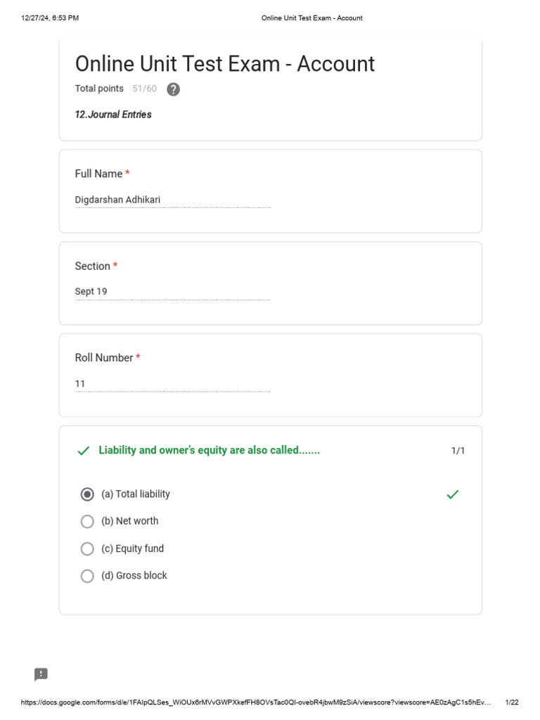Online Unit Test Exam - Account | PDF | Debits And Credits | Accounting