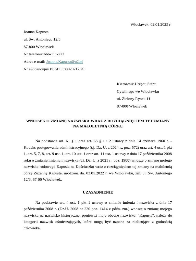 Wniosek o Zmianę Nazwiska | PDF