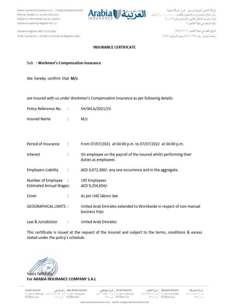 Workmen's Compensation Insurance Certificate | PDF