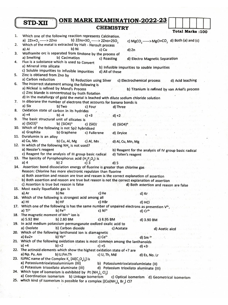 12th Standard Chemistry 1 Mark Question Paper | PDF