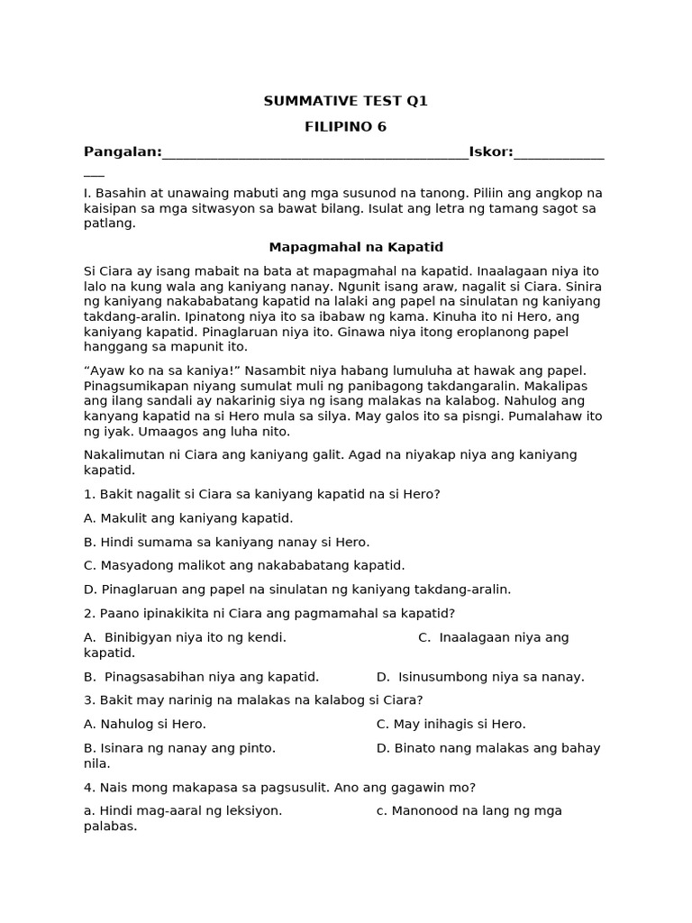 SUMMATIVE TEST Q1 Fil 6 | PDF