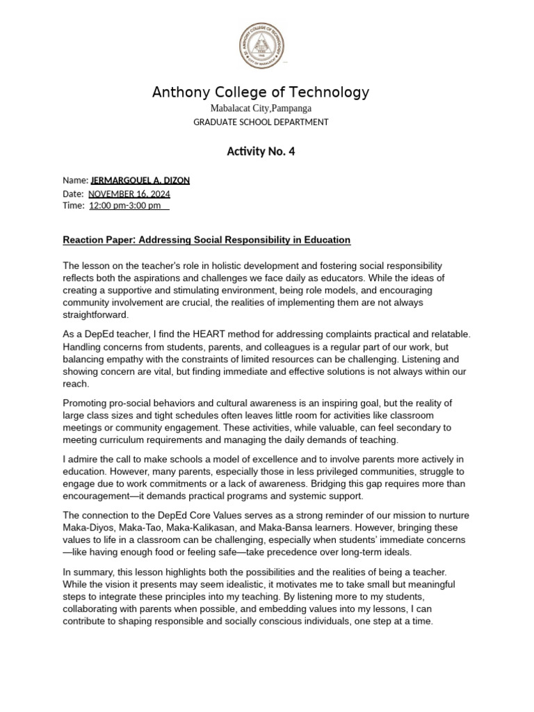 Social Responsibility in Education Activity 4 - Jermargouel A. Dizon | PDF | Teachers | Psychology