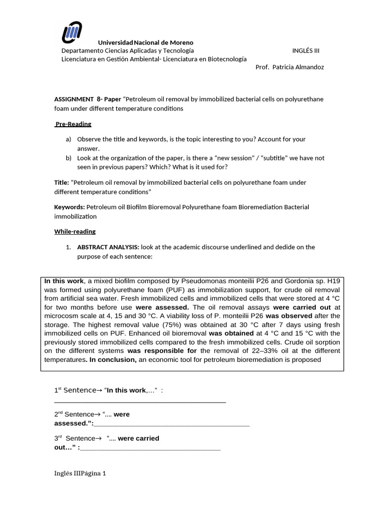 Assignment 8-Petroleum oil removal by immobilized bacterial cells on polyurethane foam | PDF ...