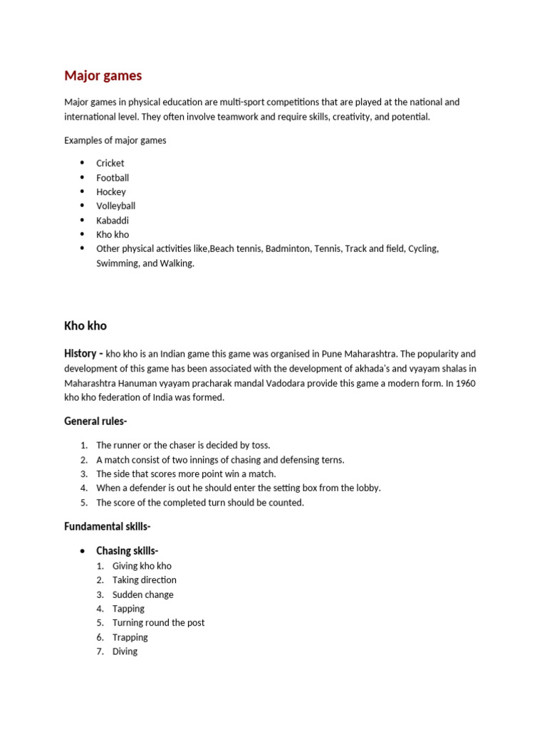 Overview of Major Games and Kho Kho | PDF | Sports | Athletic Sports
