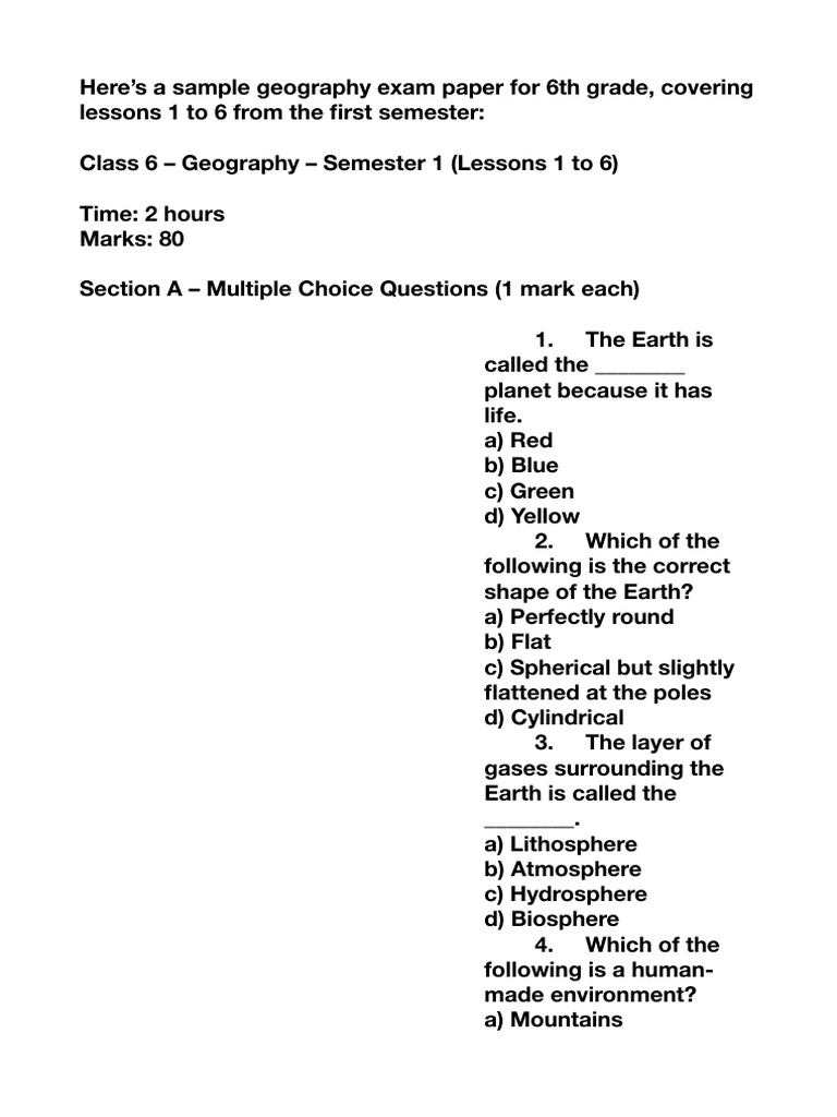 Open Here’s a Sample Geography Exam Paper for 6th Grade, Covering ...
