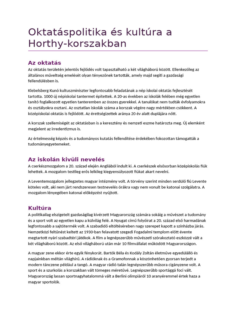 Oktatáspolitika És Kultúra A Horthy | PDF