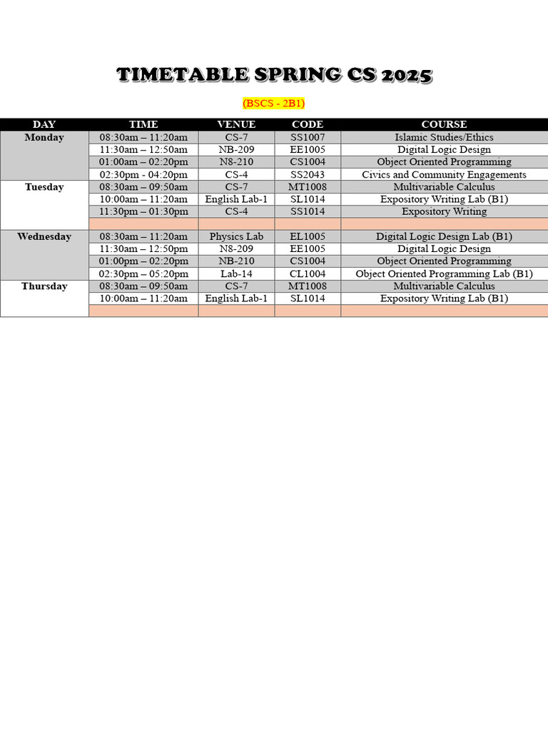 Timetable Spring CS 2025 (2B) | PDF