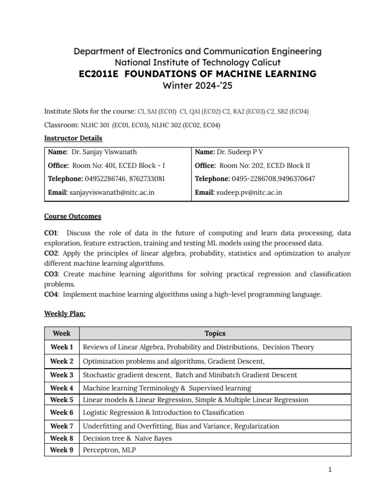 Ec2011e Foundations of Machine Learning - Winter 2024 25 - Course Plan | PDF | Machine Learning ...