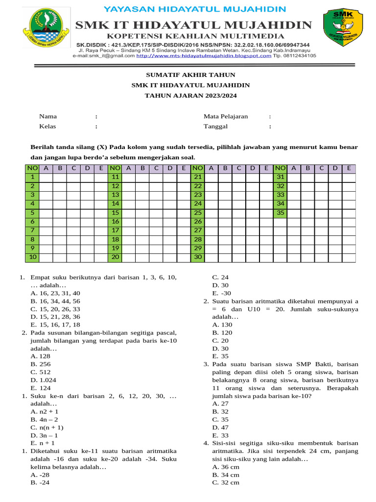 Format Soal SAT Genap MTK X | PDF