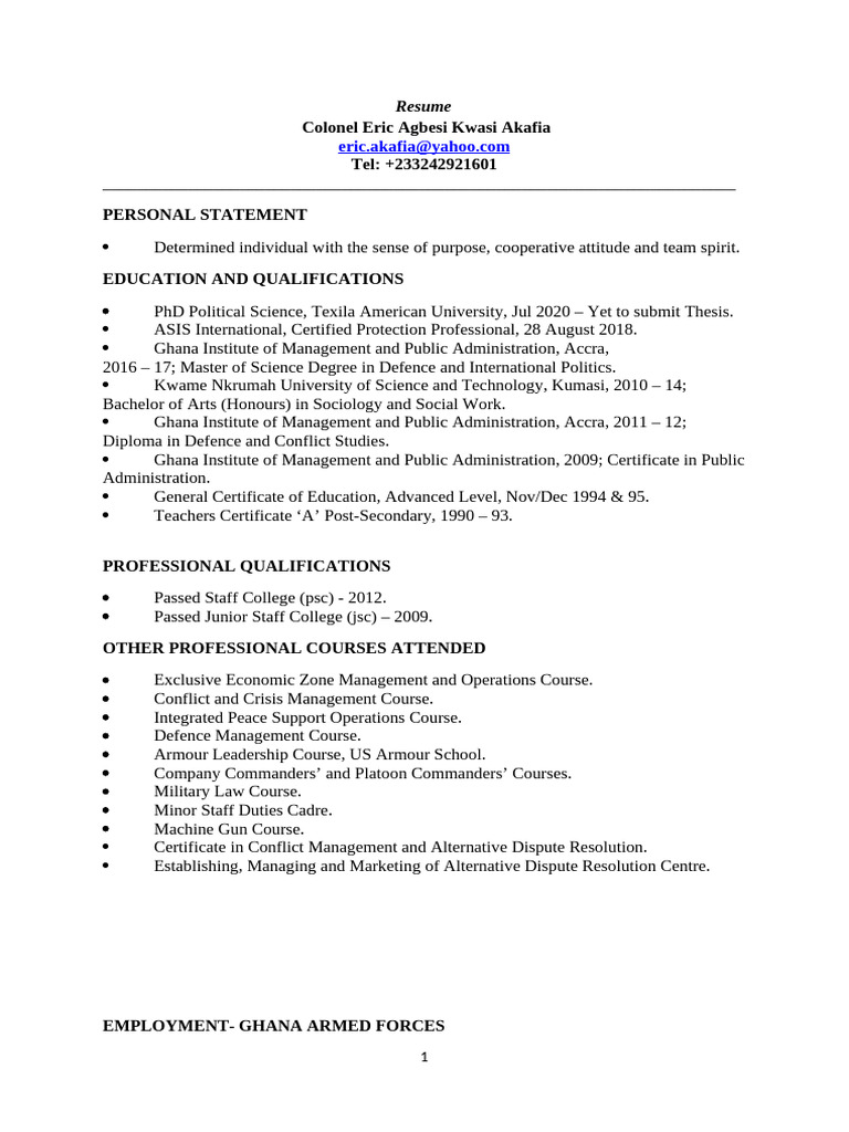 Colonel Eric Akafia's Military Resume | PDF | Battalion | Platoon