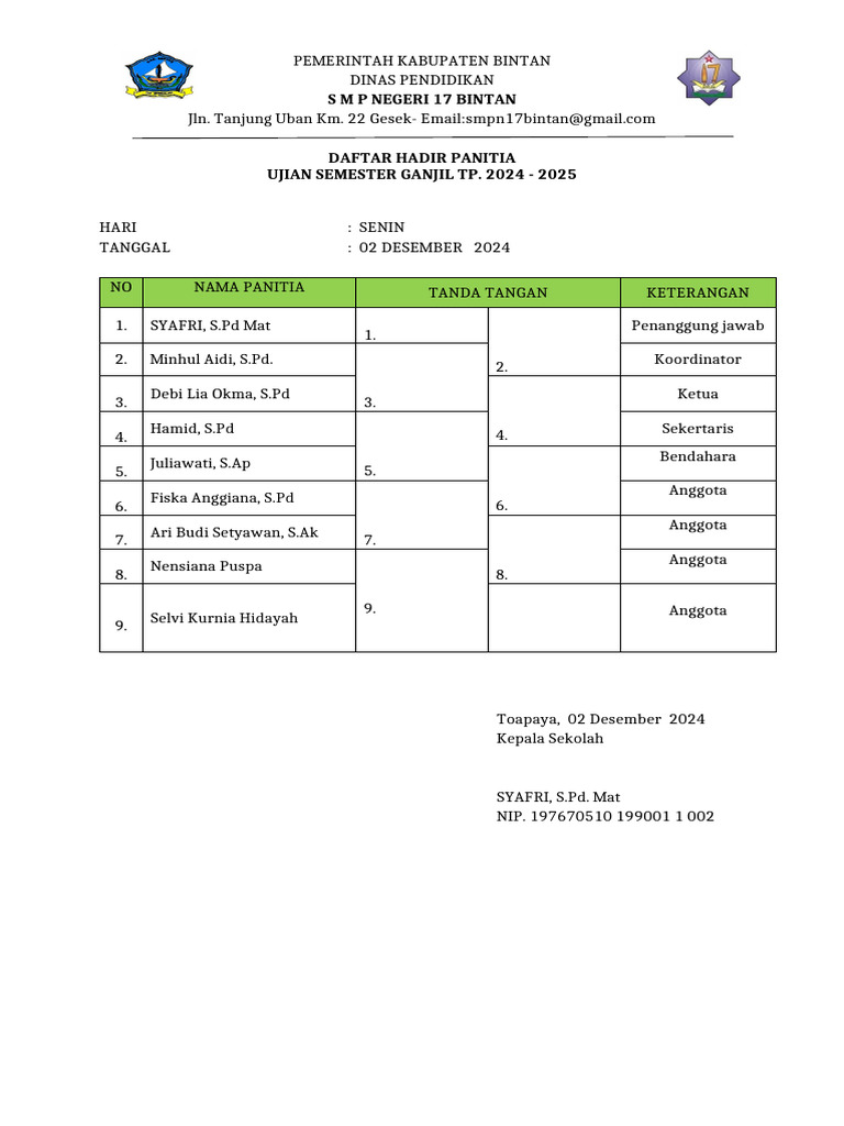 Absensi Panitia & Pengawas Us .2024 | PDF