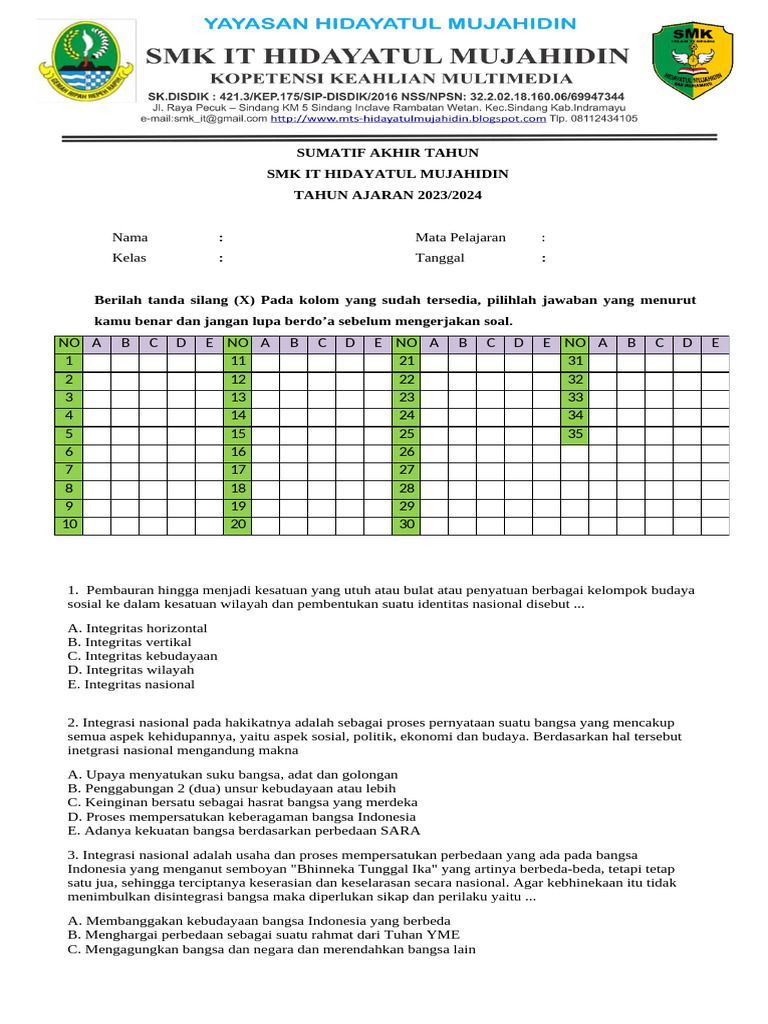 Format Soal SAT Genap PKN X | PDF