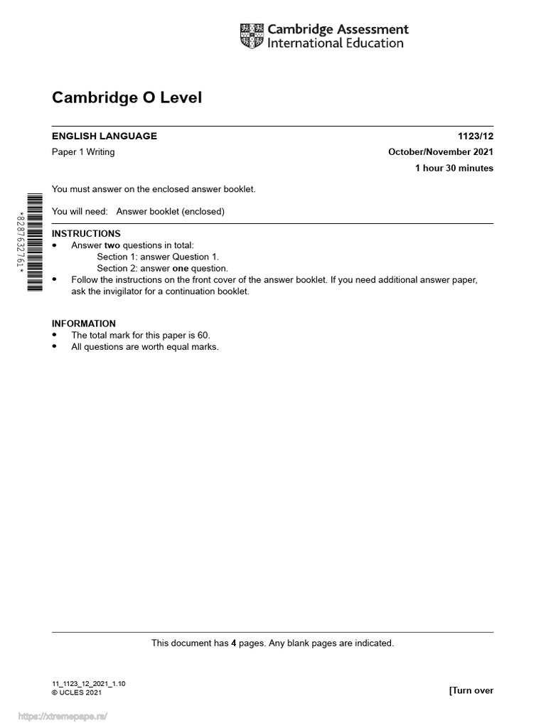 Cambridge O Level: 1123/12 English Language | PDF