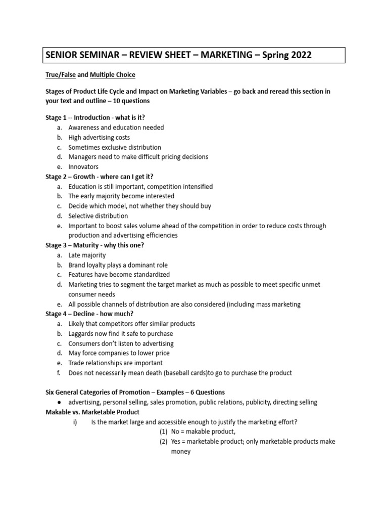 Marketing Seminar Review Sheet 2022 | PDF | Marketing | Market Segmentation